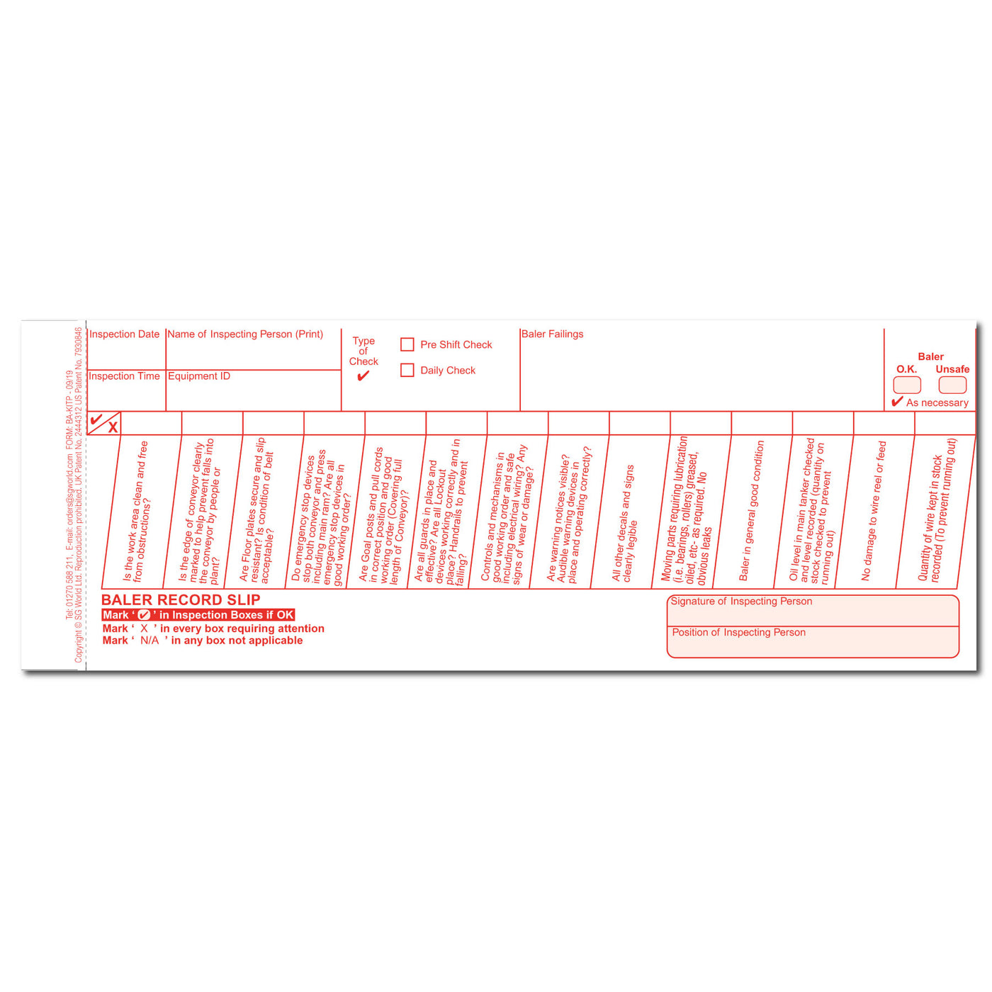 Baler Pre-Use Visual Inspection Checklist (pad of 30) | SG World
