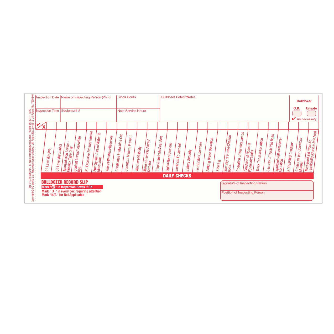 Bulldozer Pre-Use Visual Inspection Checklist (Pad of 30) | Ensure Saf ...
