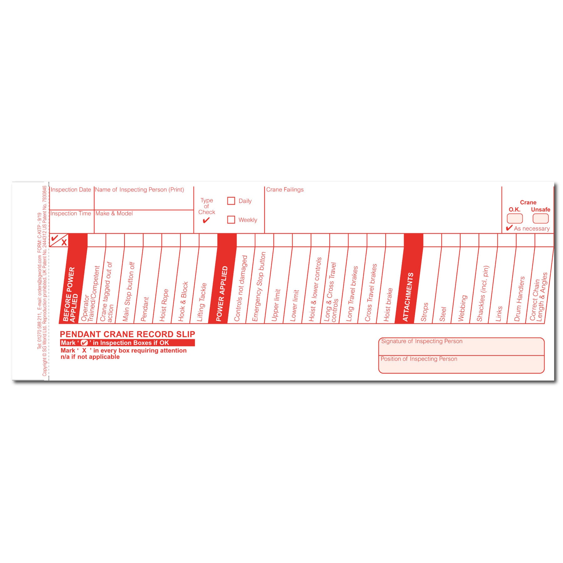 Crane Pre-Use Visual Inspection Checklist (Pad of 30) | SG World