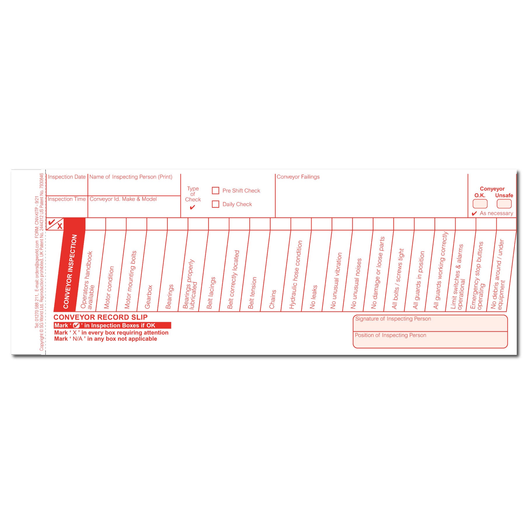 Conveyor Pre-Use Visual Inspection Checklist (pad of 30) | SG World