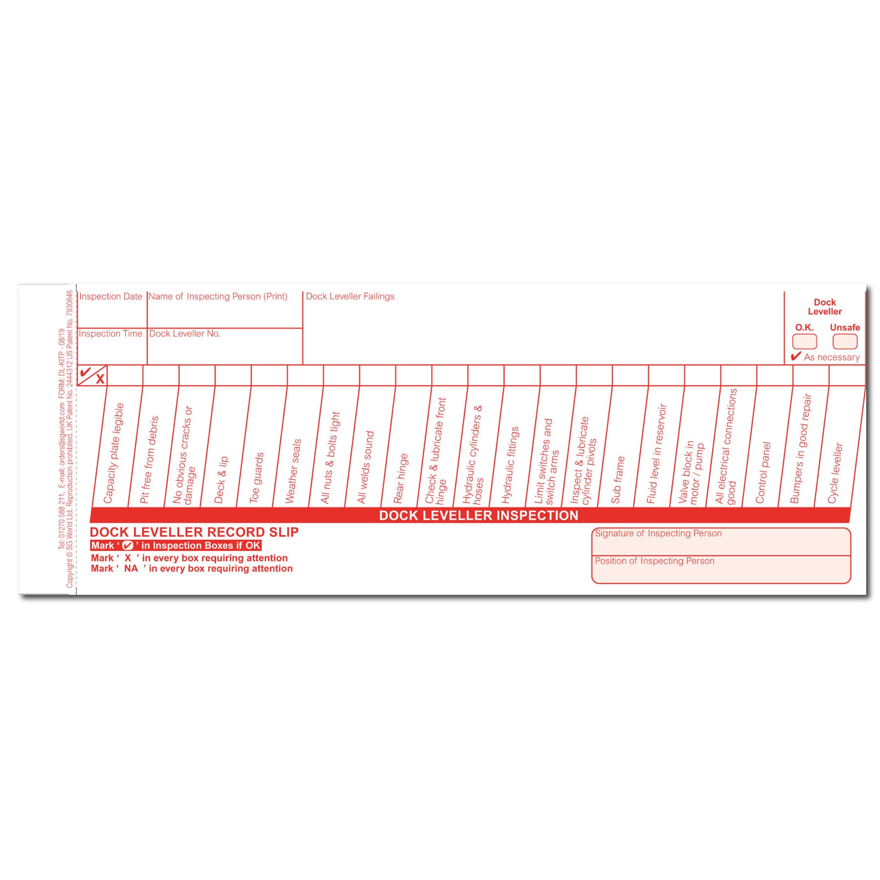 Dock Leveller Pre-Use Visual Inspection Checklist (pad of 30) | SG World