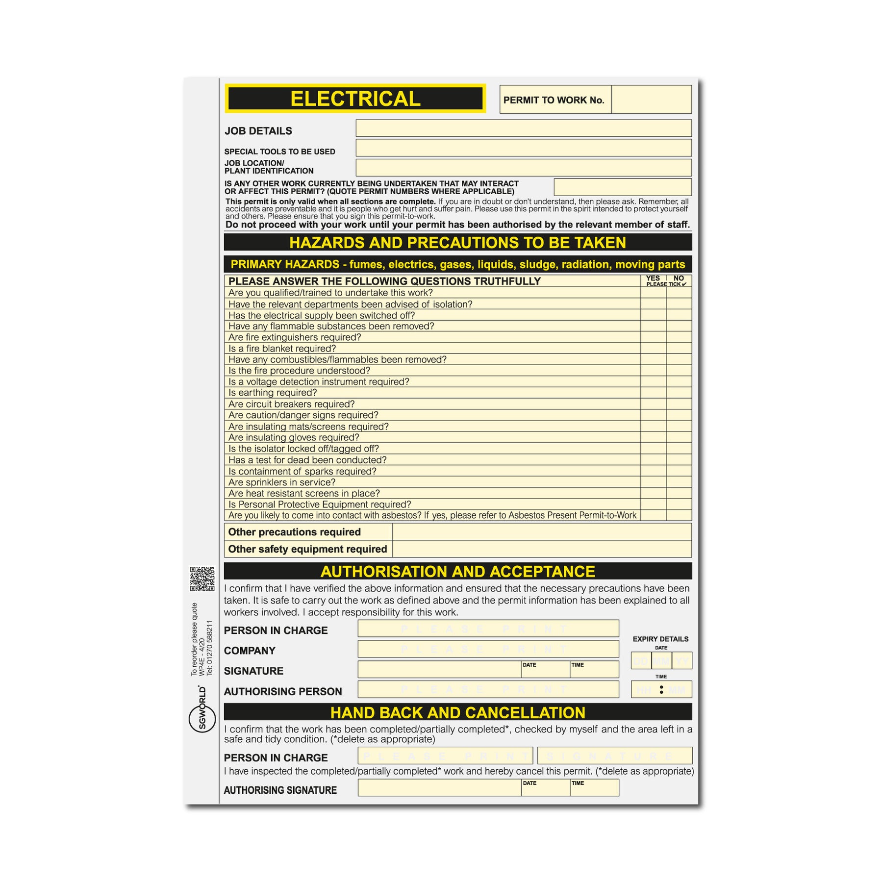 Electrical Permit to Work (Packs of 5) | SG World