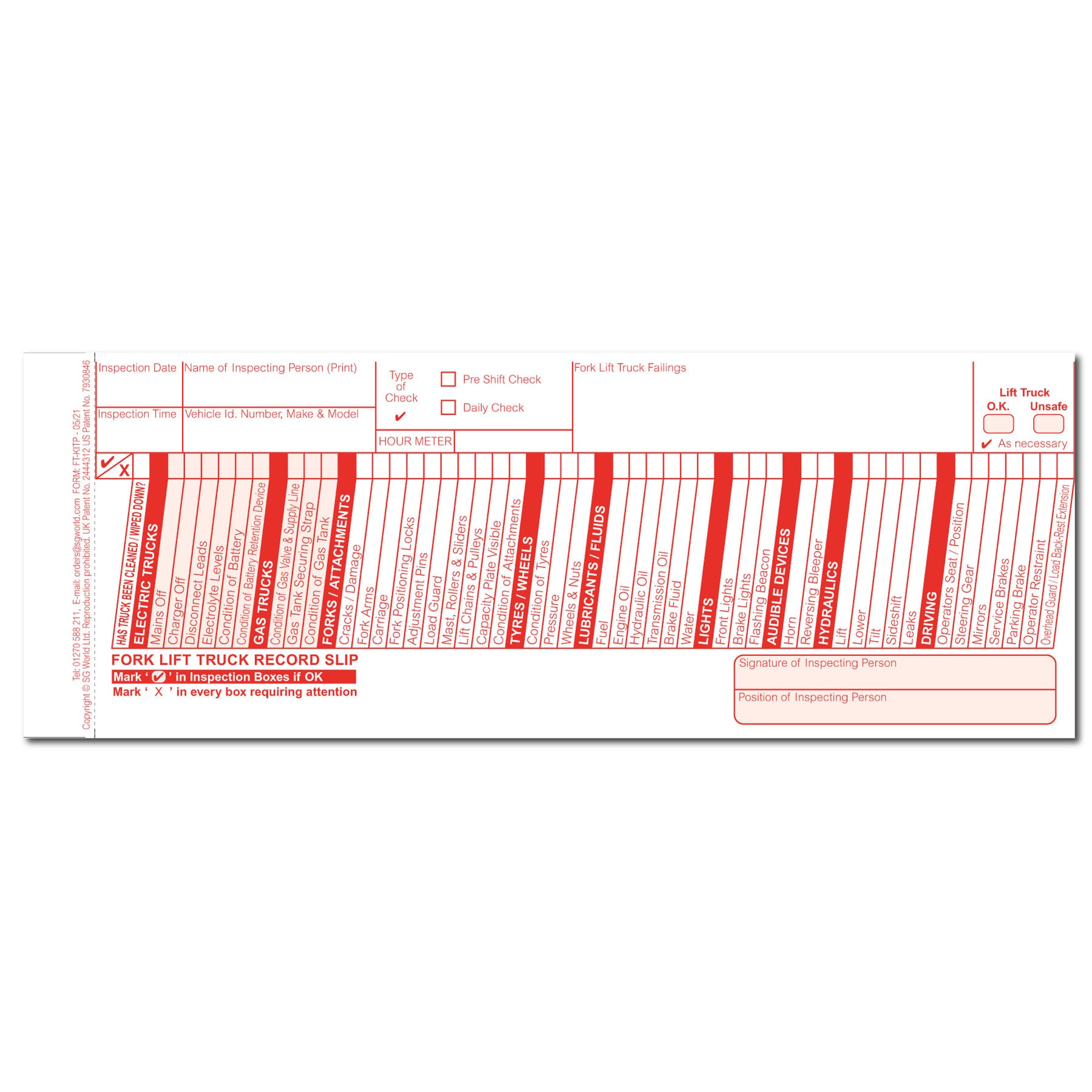 Fork Lift Truck Pre-Use Visual Inspection Checklist (Pad of 30) | SG World