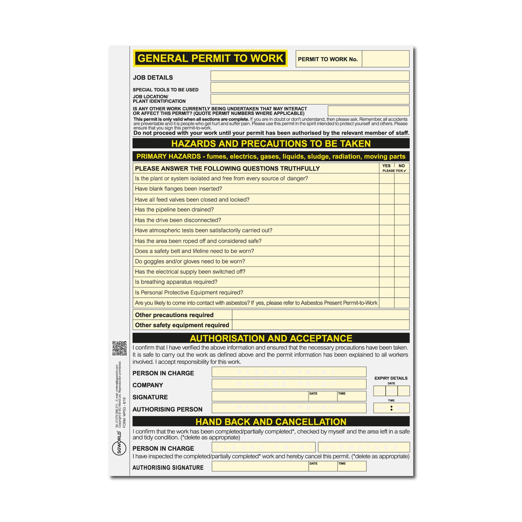 General Permit to Work (Packs of 5) | SG World