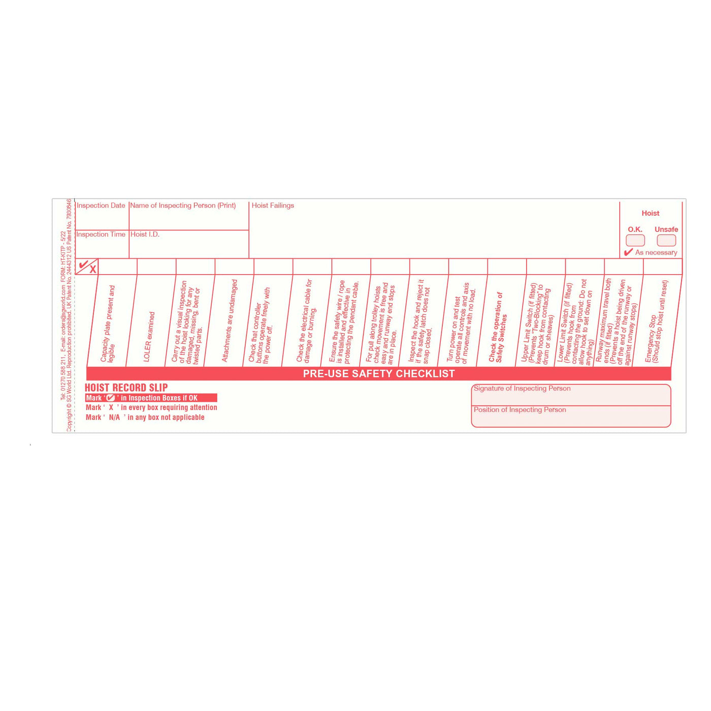 Hoist Pre-Use Visual Inspection Checklist (Pad of 30) | SG World
