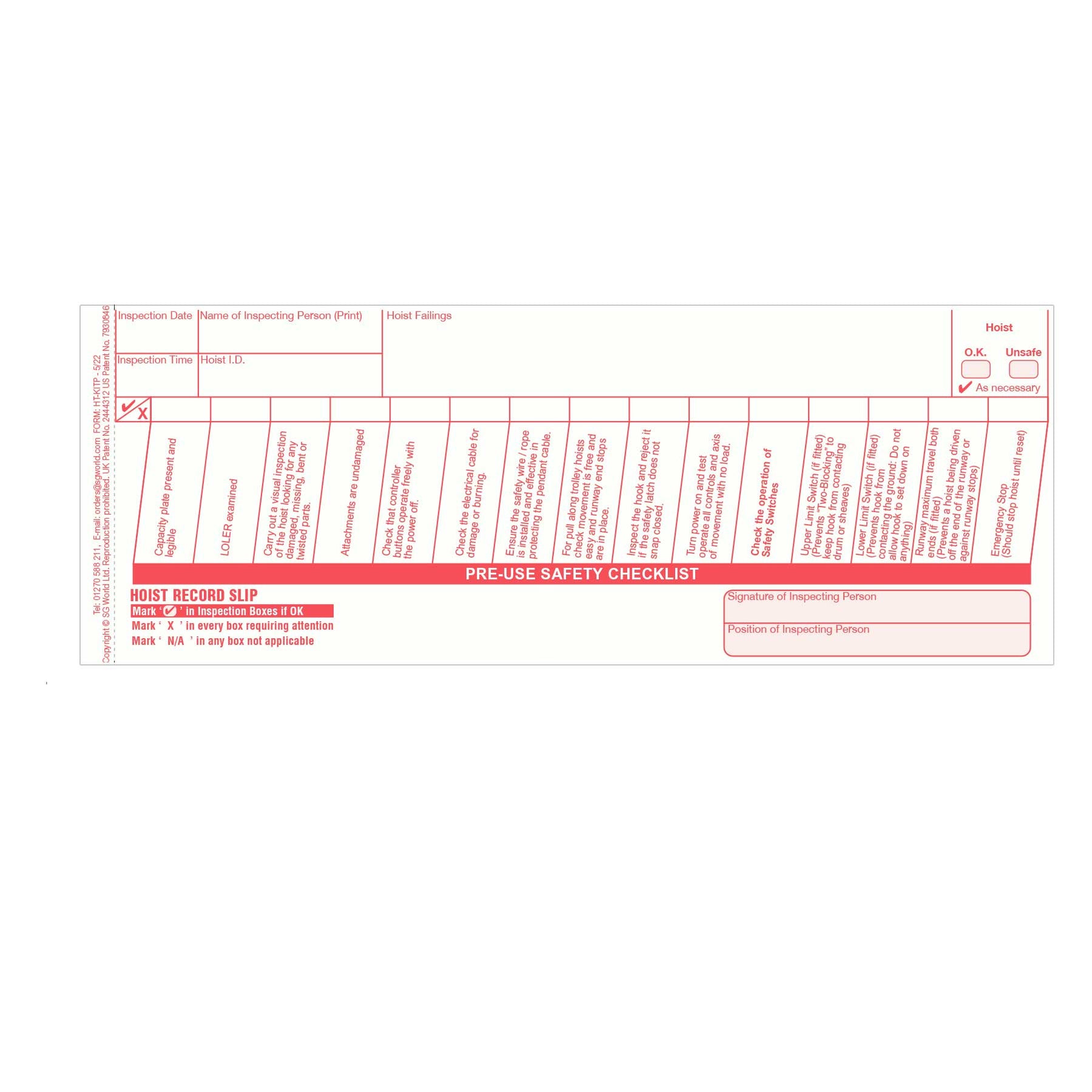 Hoist Pre-Use Visual Inspection Checklist (Pad of 30) — SG World