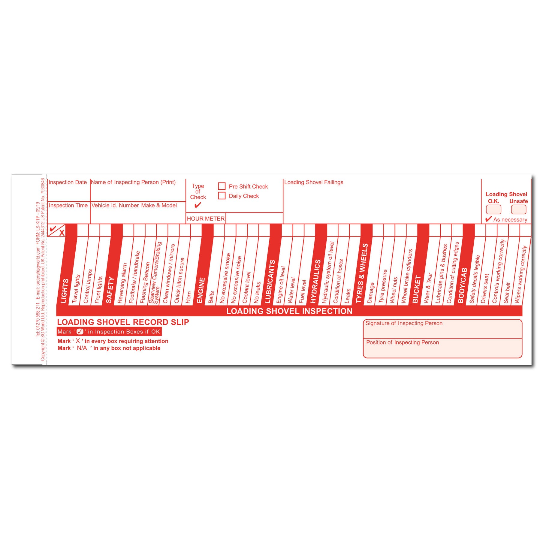 Loading Shovel Pre-Use Visual Inspection Checklist (pad of 30) — SG World