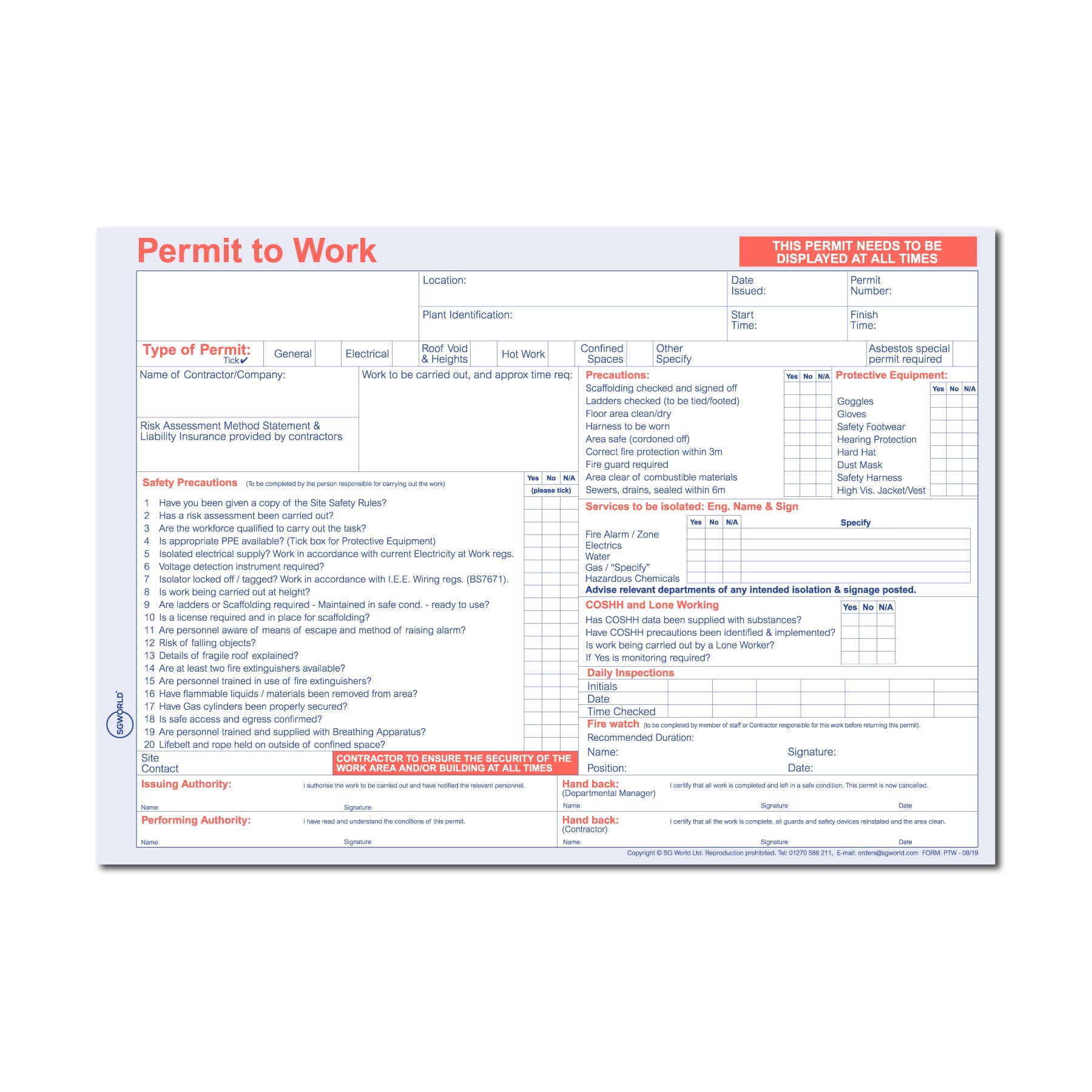 Multipurpose Permit to Work (Packs of 50) | SG World
