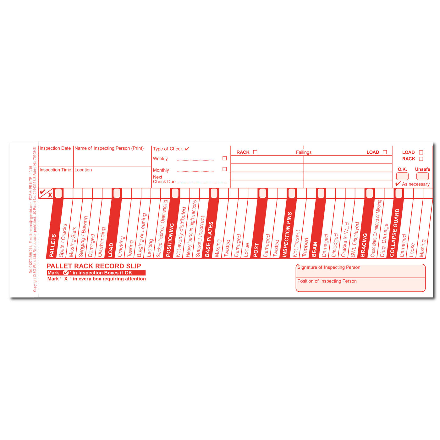 Pallet Racking Pre-Use (Daily) Inspection Checklist System (Pad of 30 ...