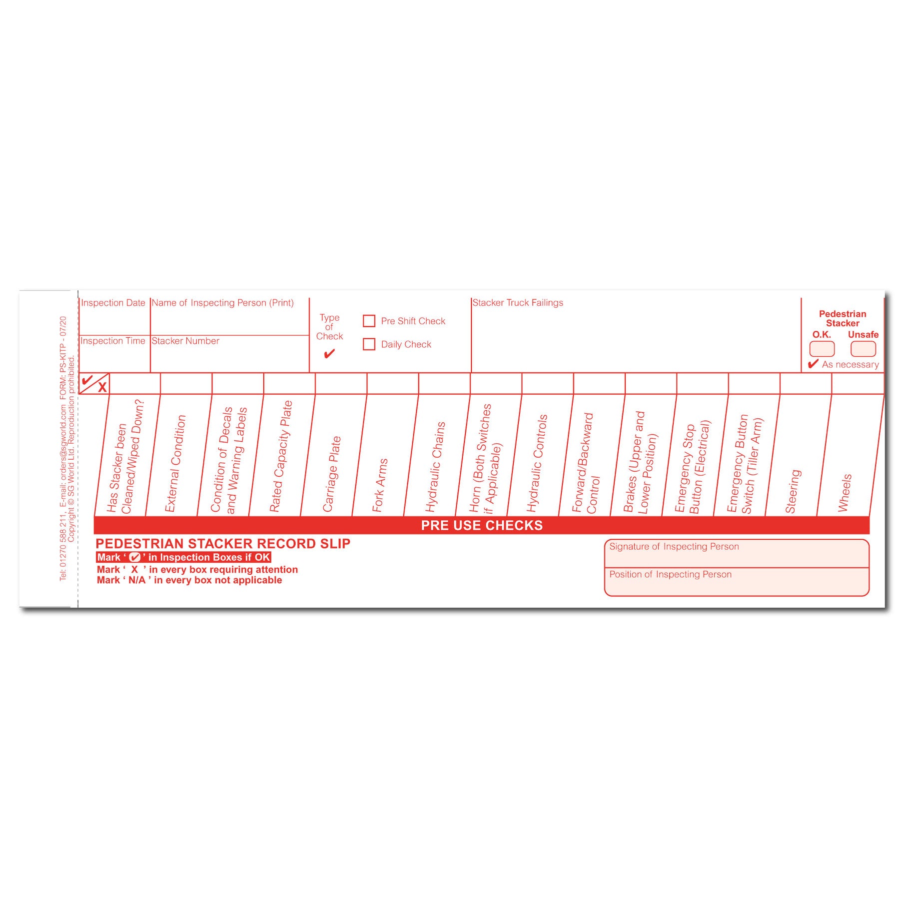 Pedestrian Stacker Pre-Use Visual Inspection Checklist (pad of 30) | SG ...