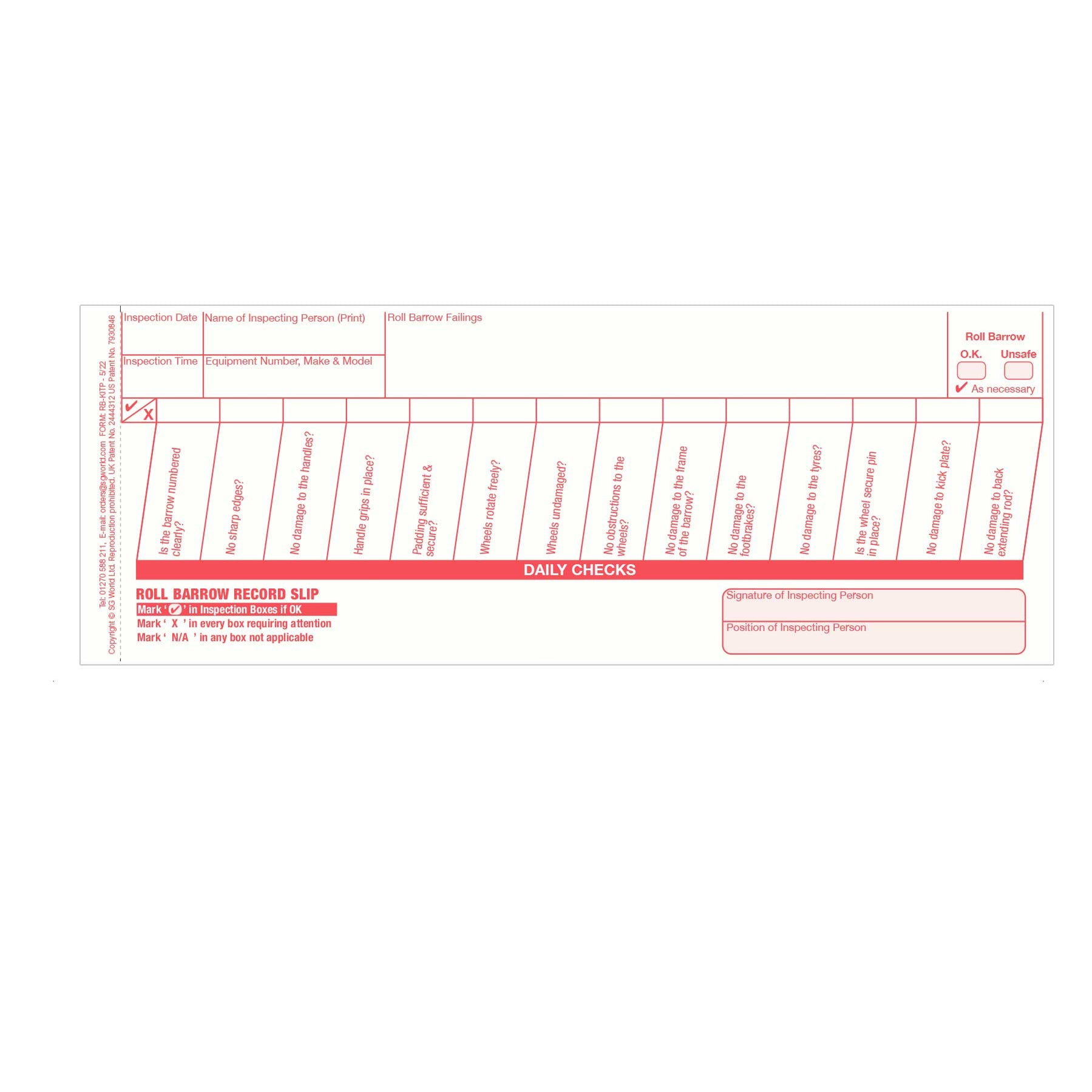 Roll Barrow Pre-Use Visual Inspection Checklist (Pad of 30) | SG World