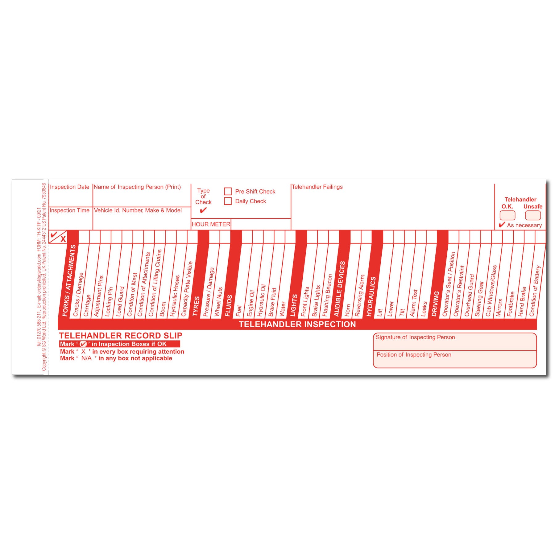 Telehandler Pre-Use Visual Inspection Checklist (pad of 30) | SG World