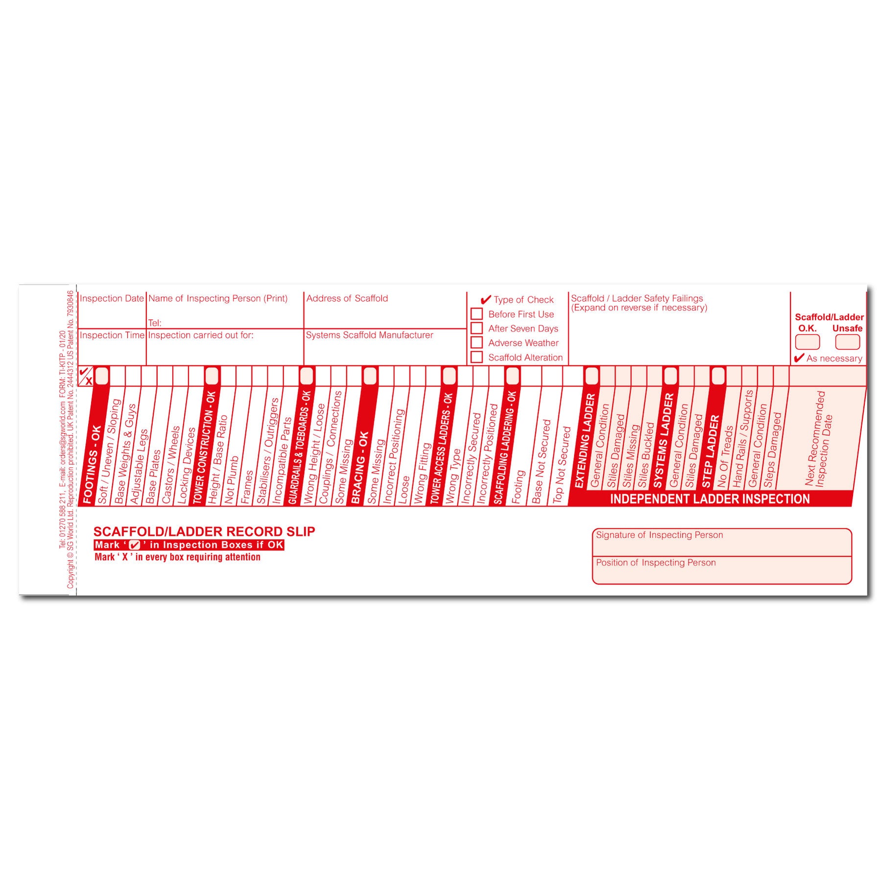 Scaffold Tower Pre-Use Visual Inspection Checklist (Pad of 30) | SG World