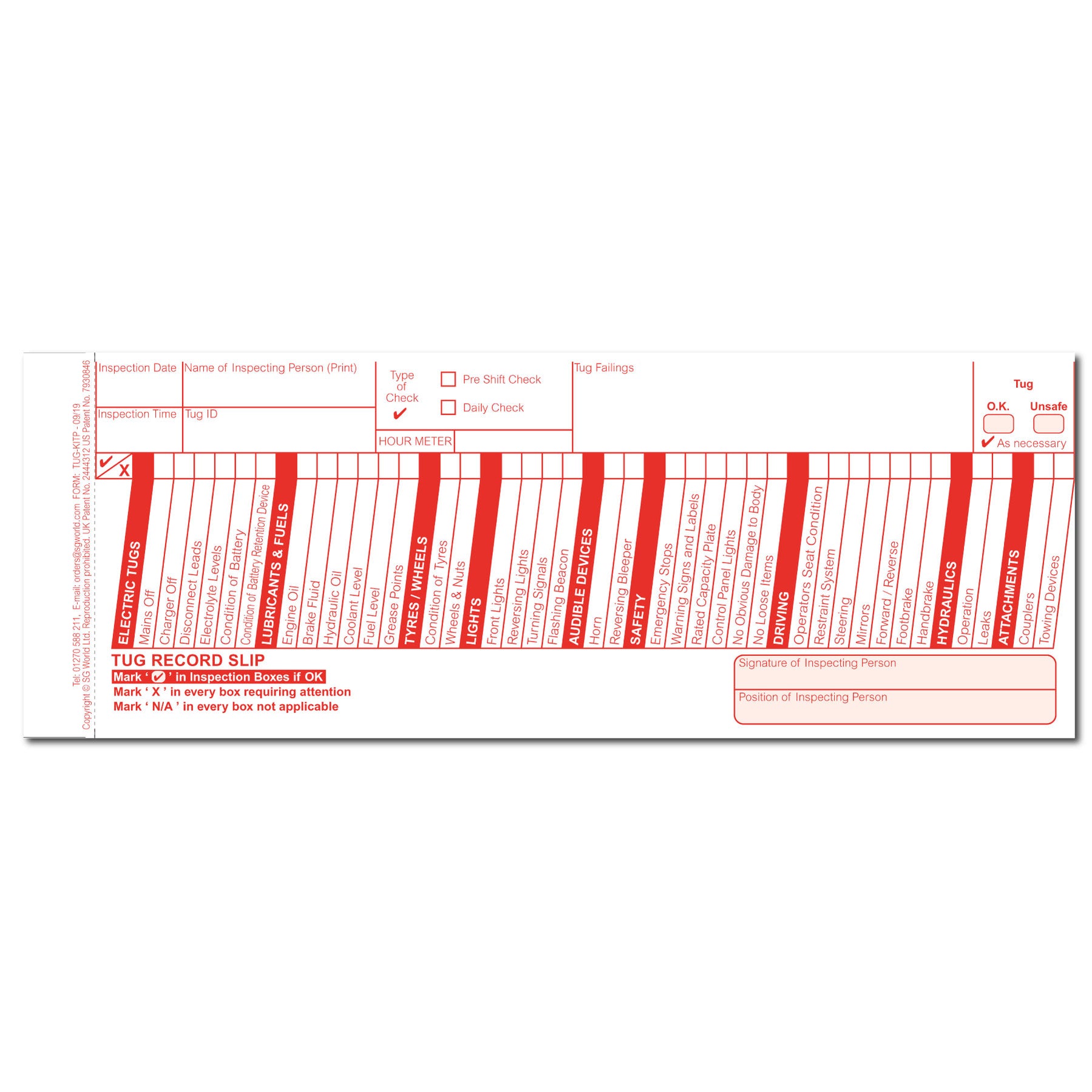 Tug Pre-Use Visual Inspection Checklist (pad of 30) — SG World