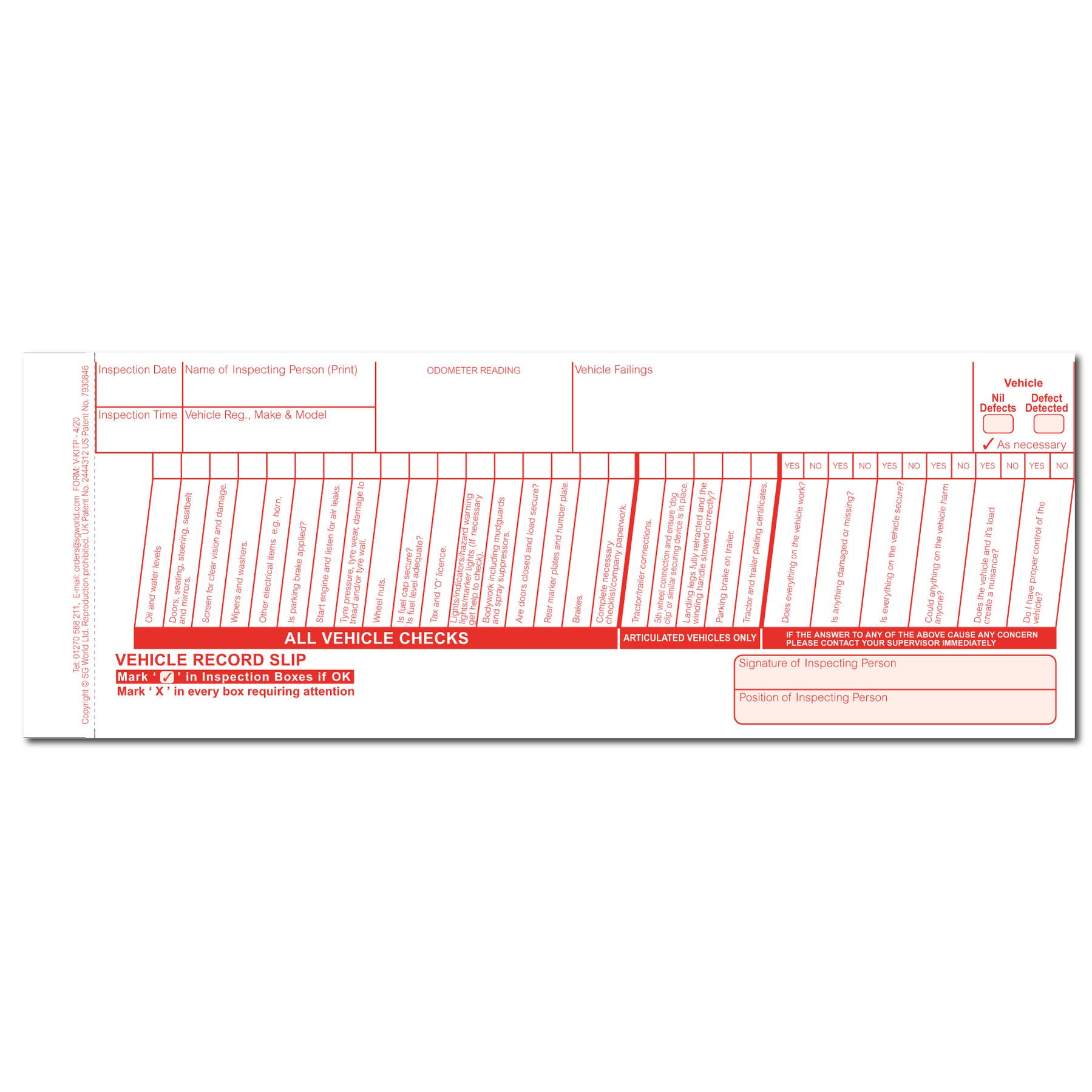 HGV Pre-Use Visual Inspection Checklist (Pad of 30) | SG World