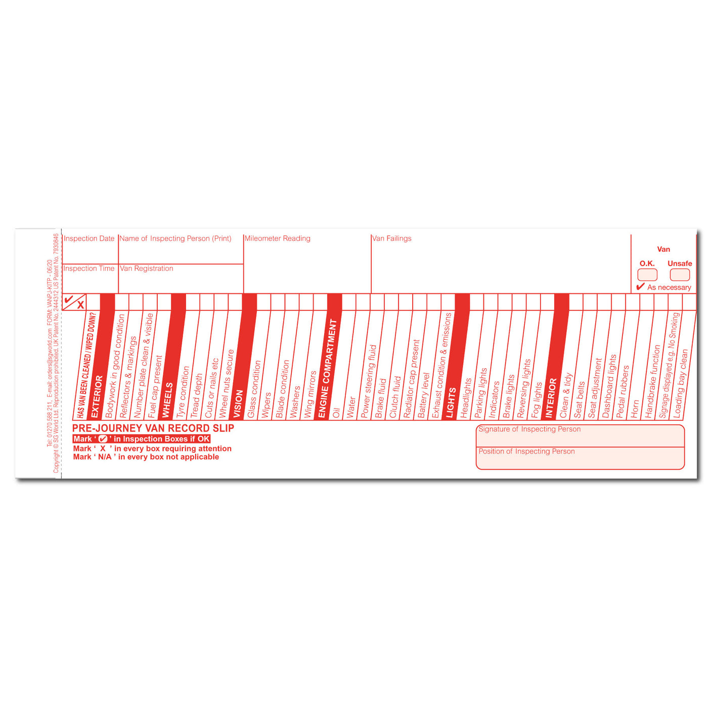 Van Pre-Use (Daily) Inspection Checklist (pad of 30) — SG World