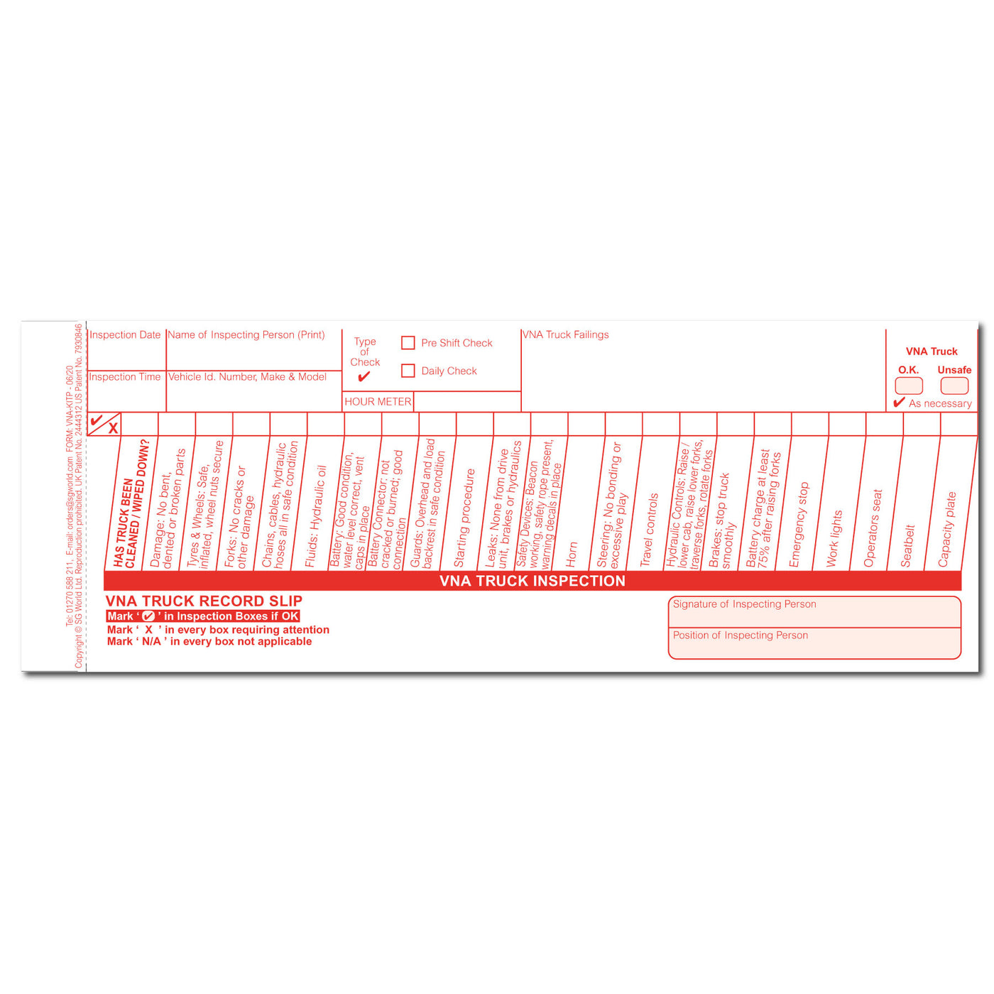VNA Truck Pre-Use Visual Inspection Checklist (pad of 30) | SG World