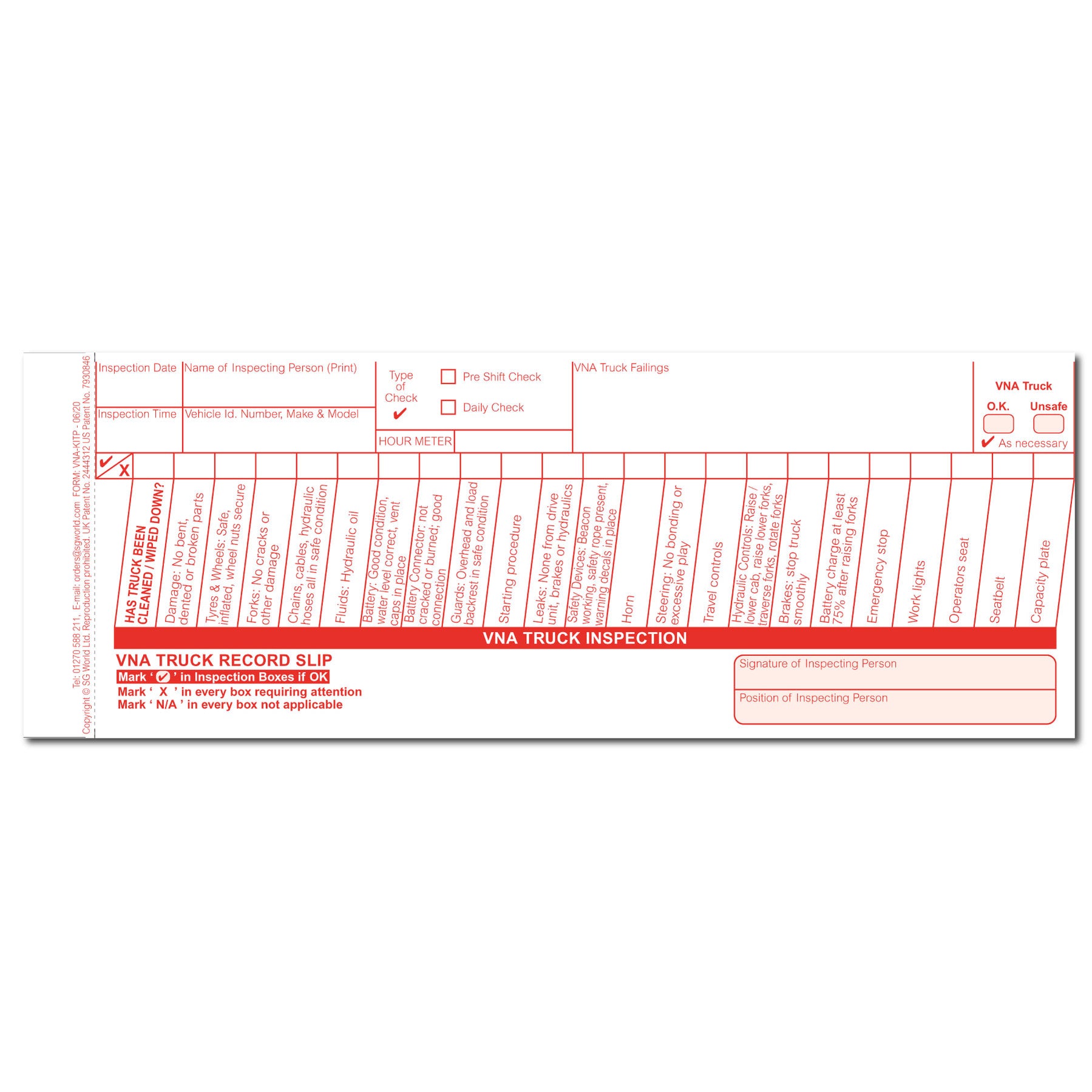 VNA Truck Pre-Use Visual Inspection Checklist (pad of 30) — SG World