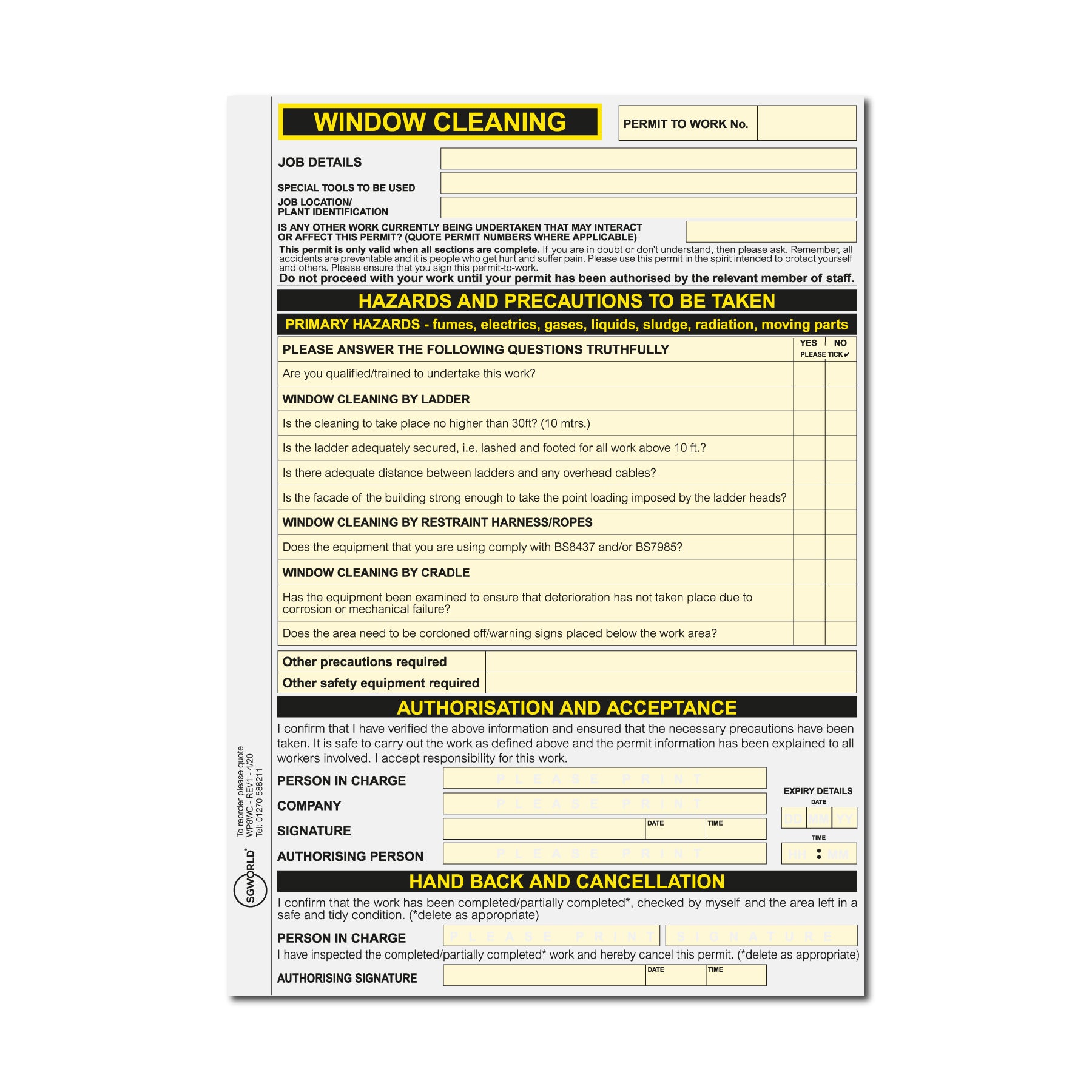 Window Cleaning Permit to Work (Packs of 5) | SG World