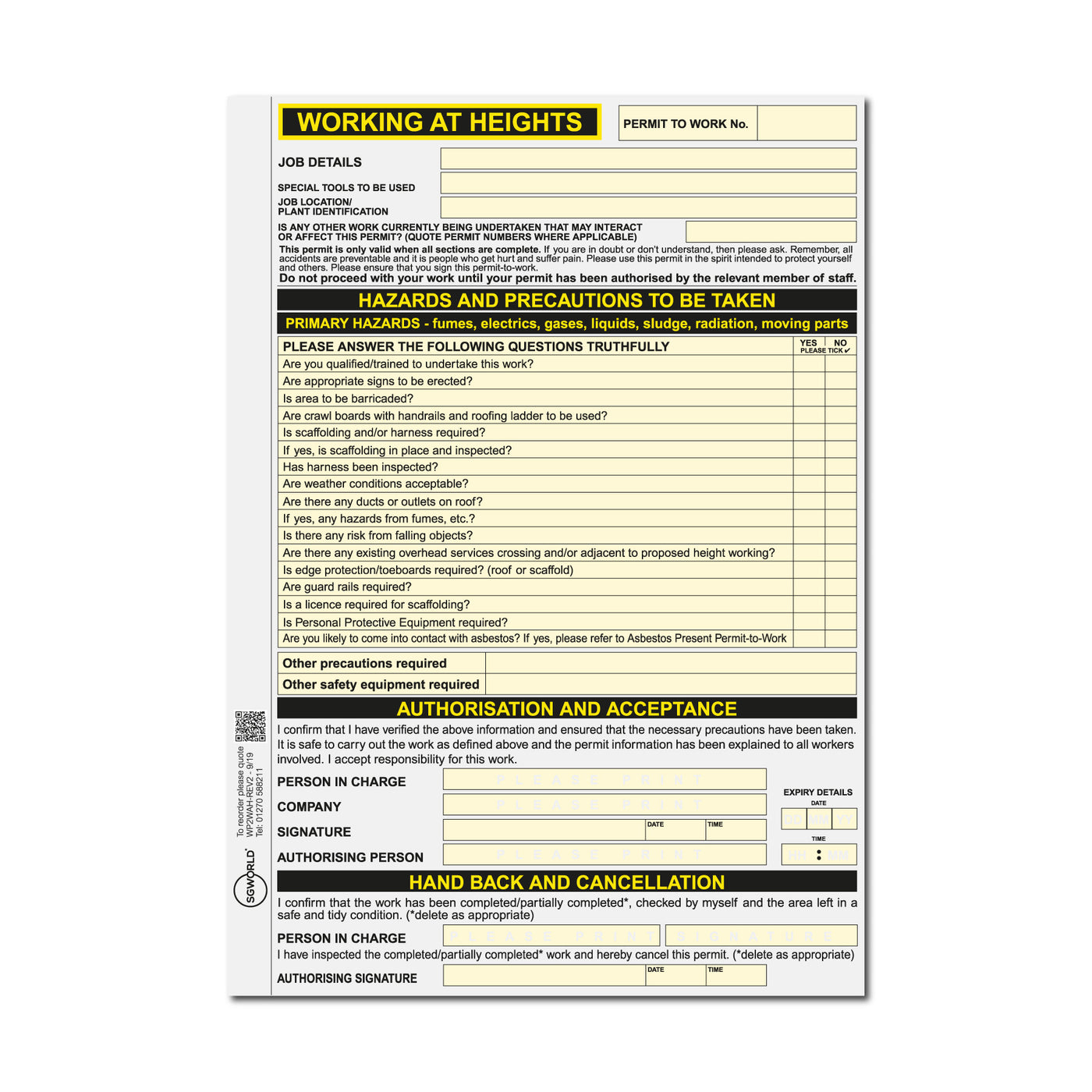 Working at Heights Permit to Work (Packs of 5) | SG World