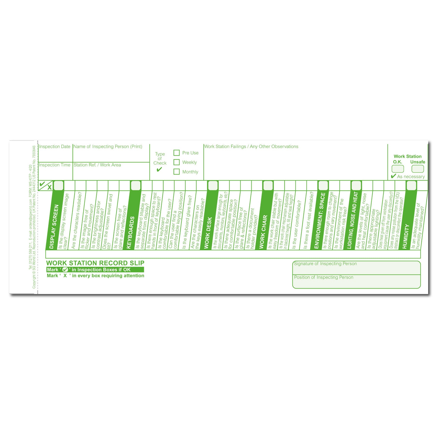 Work Station Visual Inspection Checklist (Pad of 30) | SG World